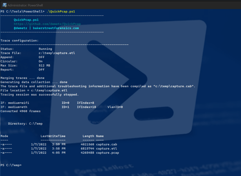 QuickPcap – Capturing a PCAP with PowerShell – Baker Street Forensics
